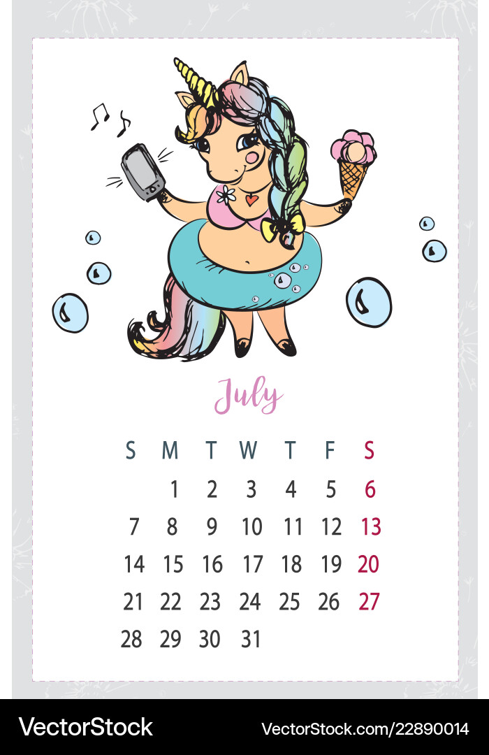 Calendar 2019 with cute unicornhand drawn magic Vector Image