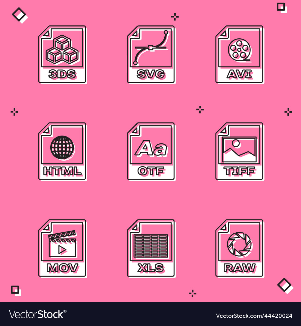 Set 3ds File Document Svg Avi Html Otf Royalty Free Vector
