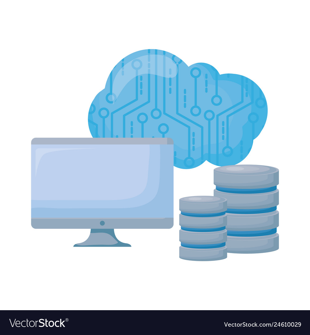 Computer monitor with circuit cloud and disks Vector Image