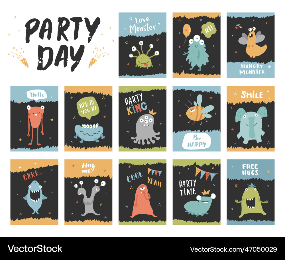 Cute monsters cards set cartoon Royalty Free Vector Image