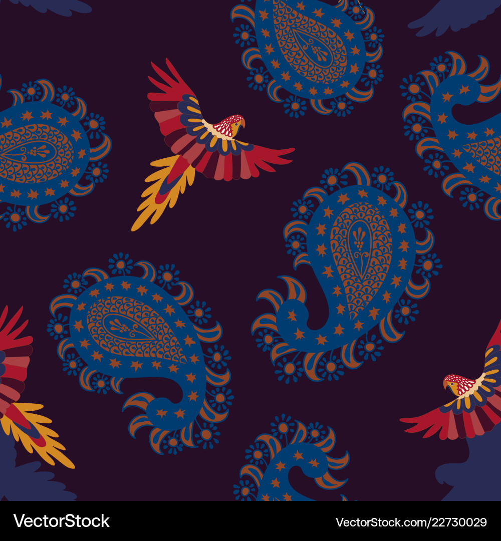 Seamless pattern with paisley and birds Royalty Free Vector