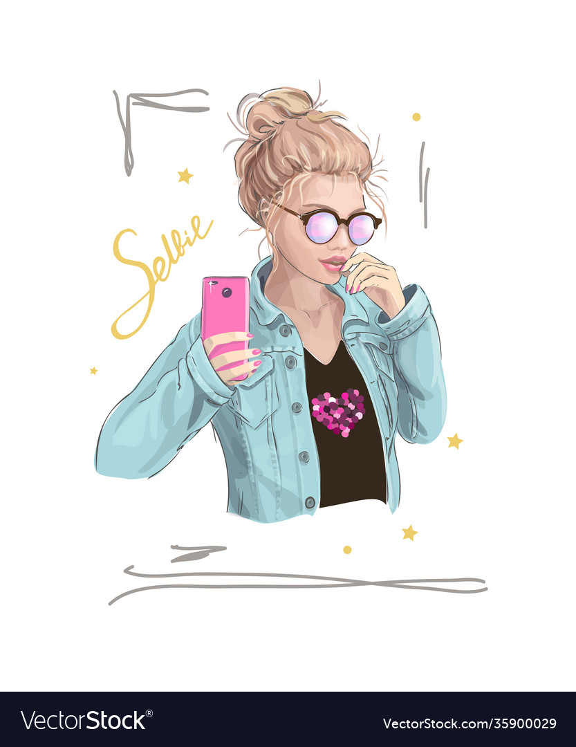 Young girl in sunglasses and denim jacket Vector Image