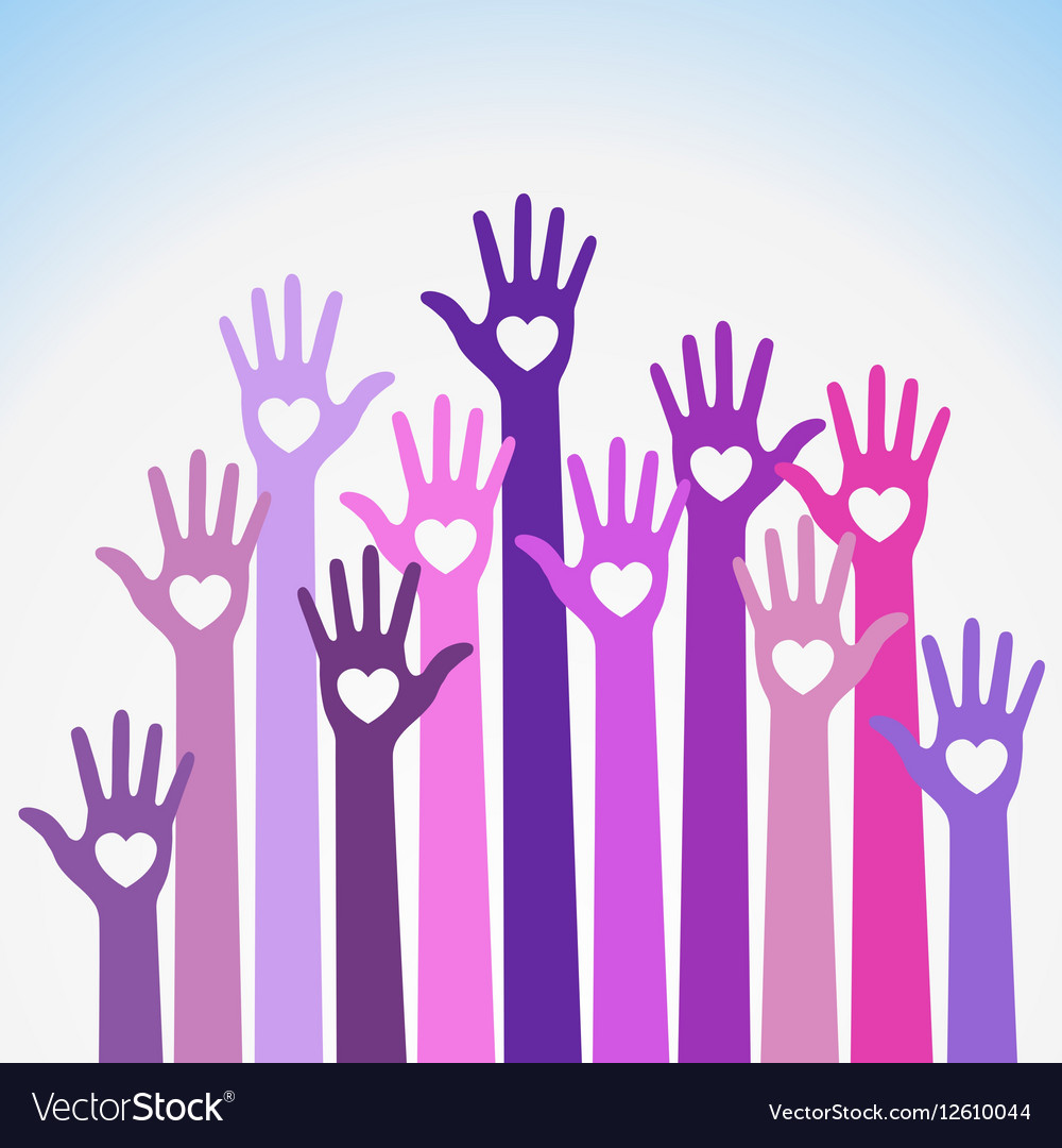 Volunteers colorful caring up hands hearts Vector Image Volunteers colorful caring up hands hearts Vector Image