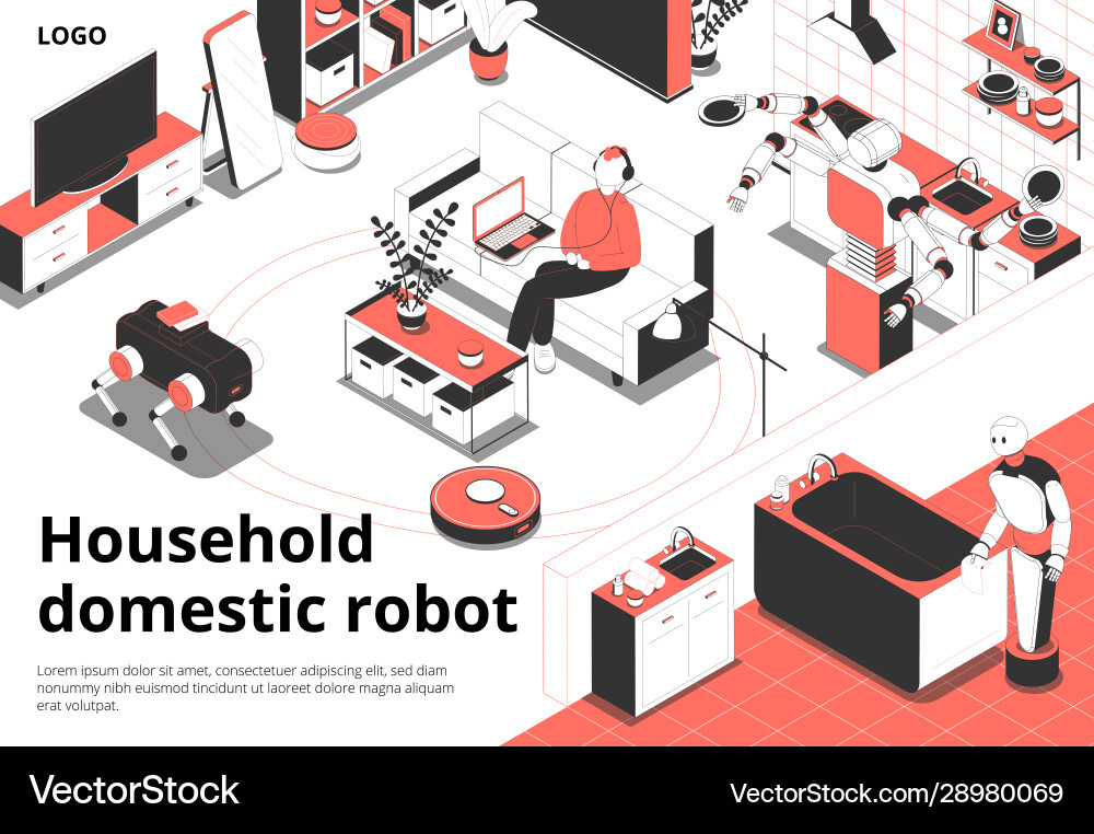 Domestic Robots Isometric Composition Royalty Free Vector