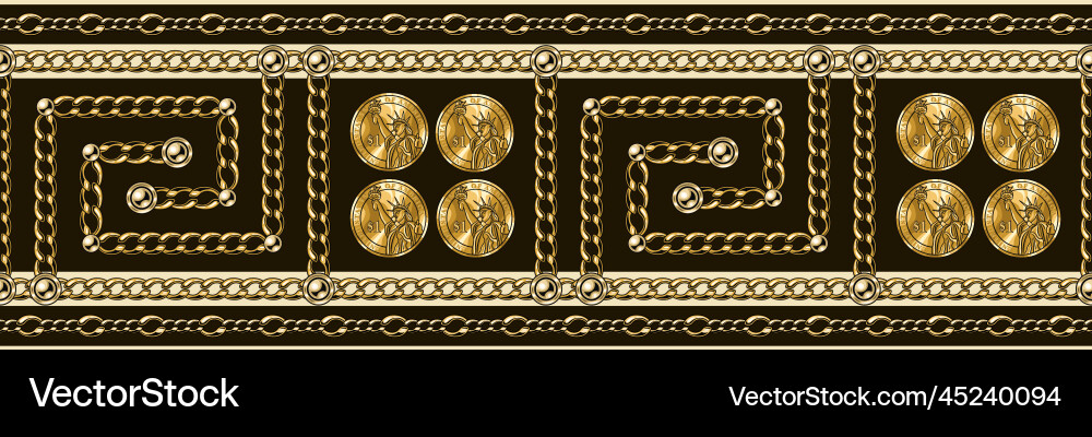 Horizontal border with meander pattern gold coins Vector Image