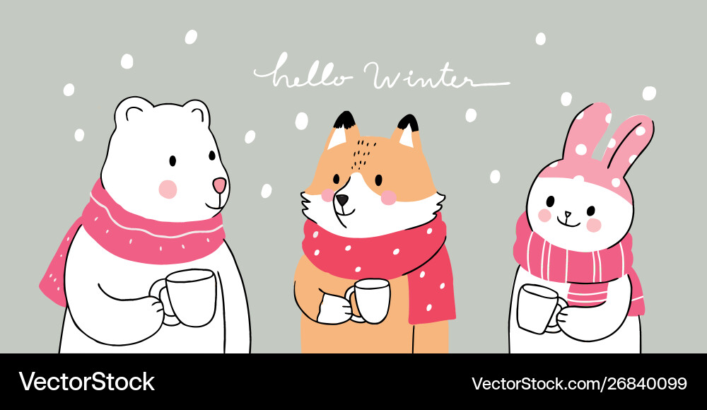 Cartoon cute winter polar bear and fox rabbit Vector Image