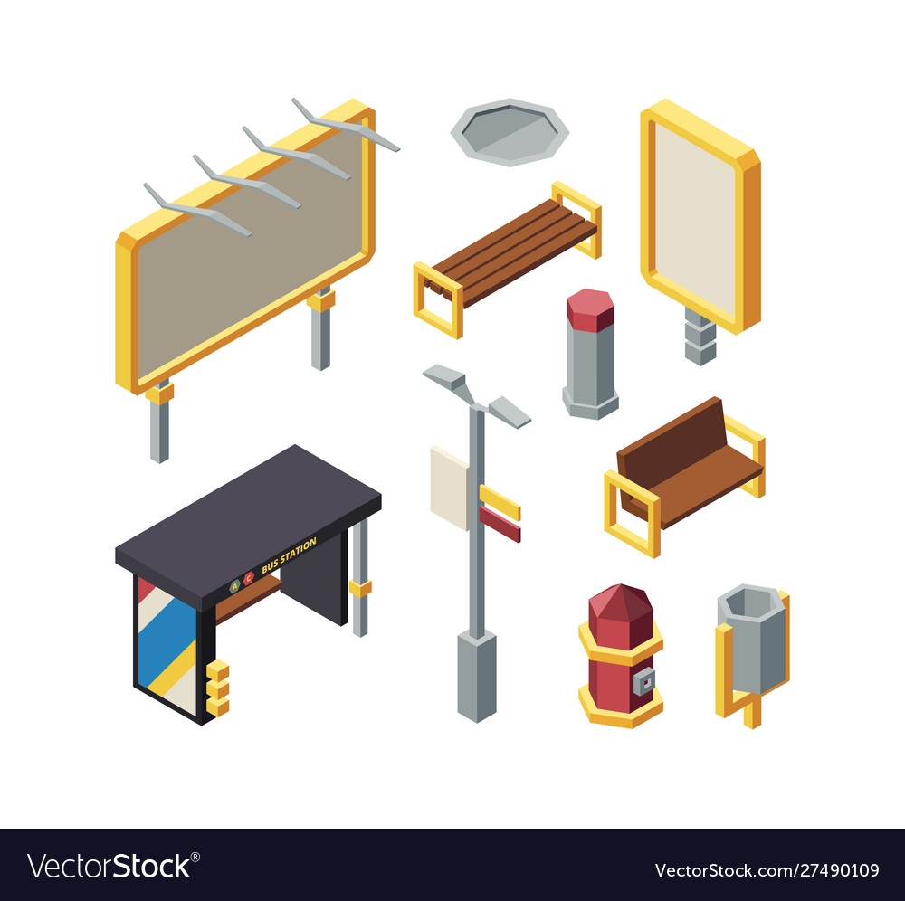 Bus station elements isometric Royalty Free Vector Image