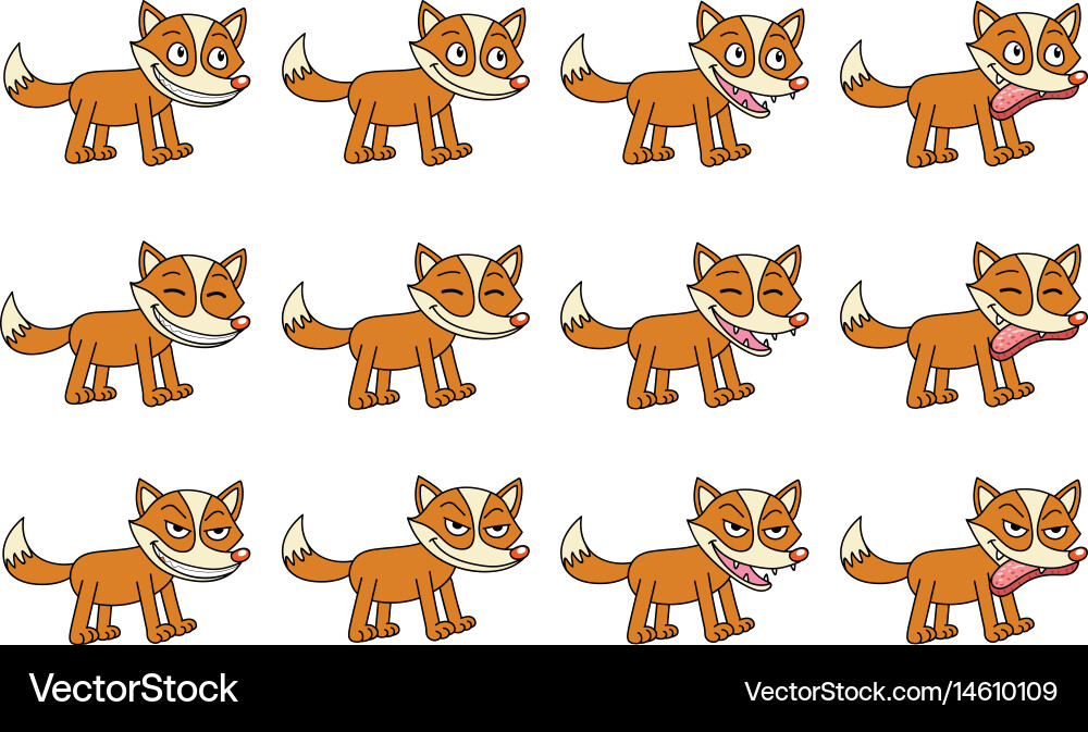 Set of 12 cute cartoon foxes Royalty Free Vector Image