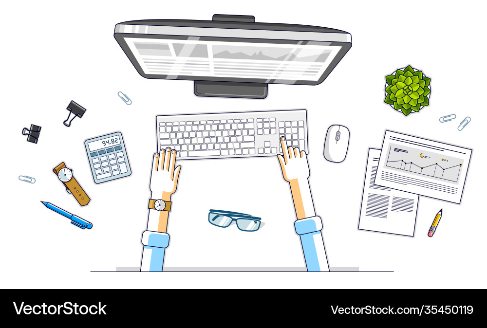 Office desk workspace top view with hands Vector Image