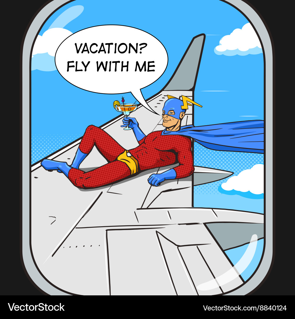 Superhero flying on airplane wing comic Royalty Free Vector