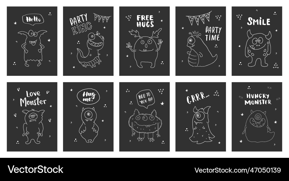 Cute monsters cards set cartoon monsters Vector Image