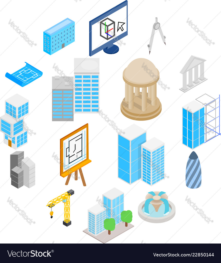 Architecture icons set isometric 3d style Vector Image