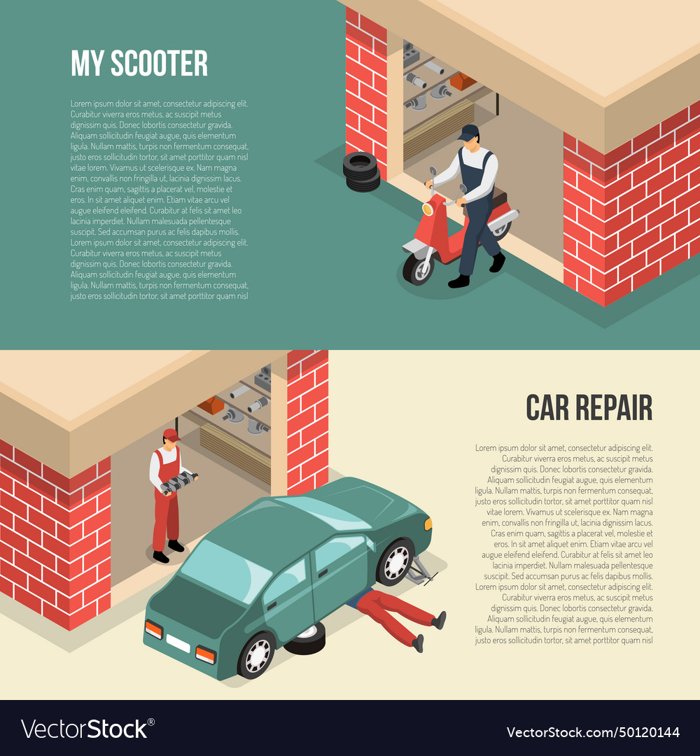 Garage horizontal isometric banners Royalty Free Vector Garage horizontal isometric banners Royalty Free Vector