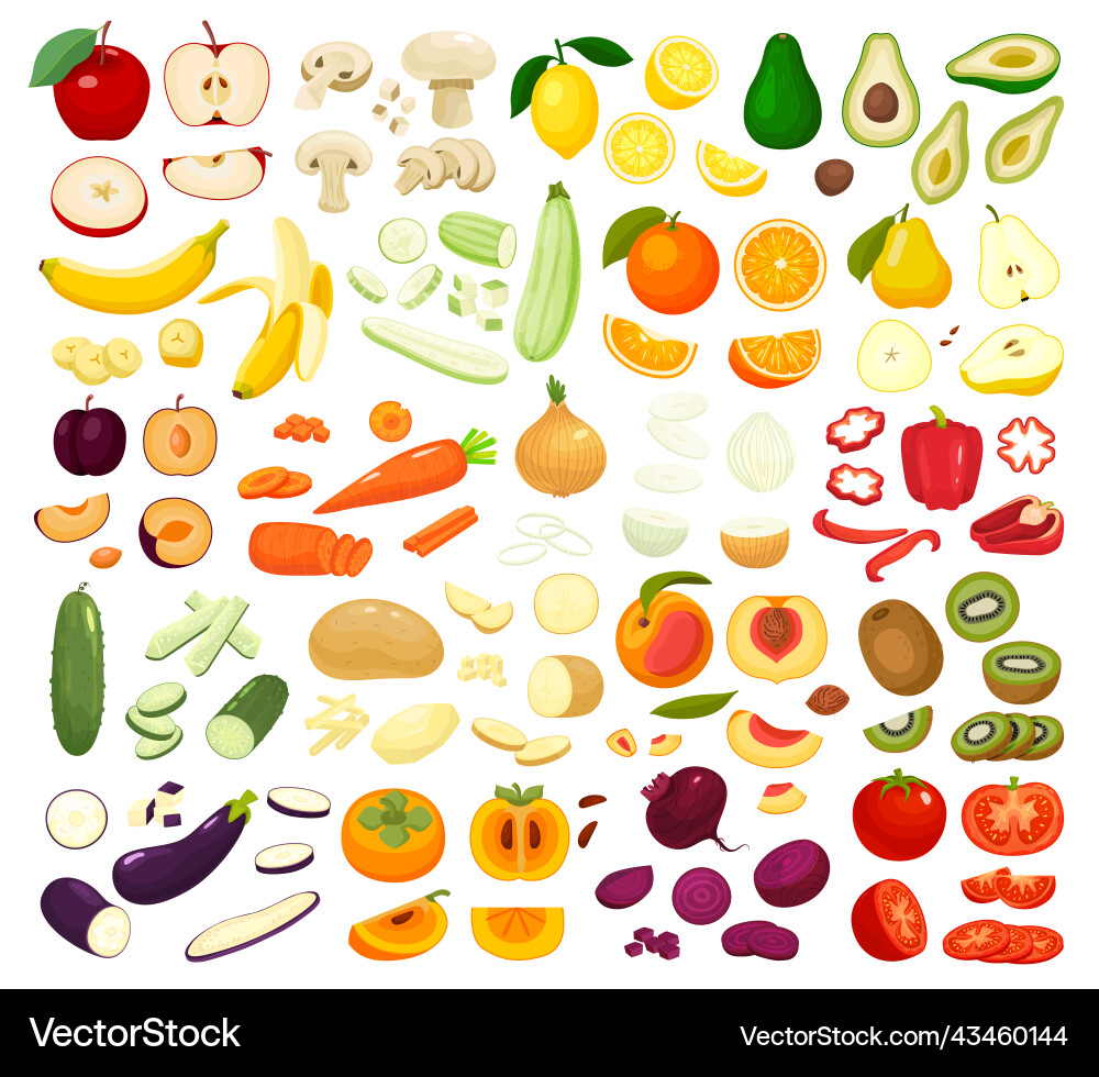 Sliced fruits vegetables set Royalty Free Vector Image