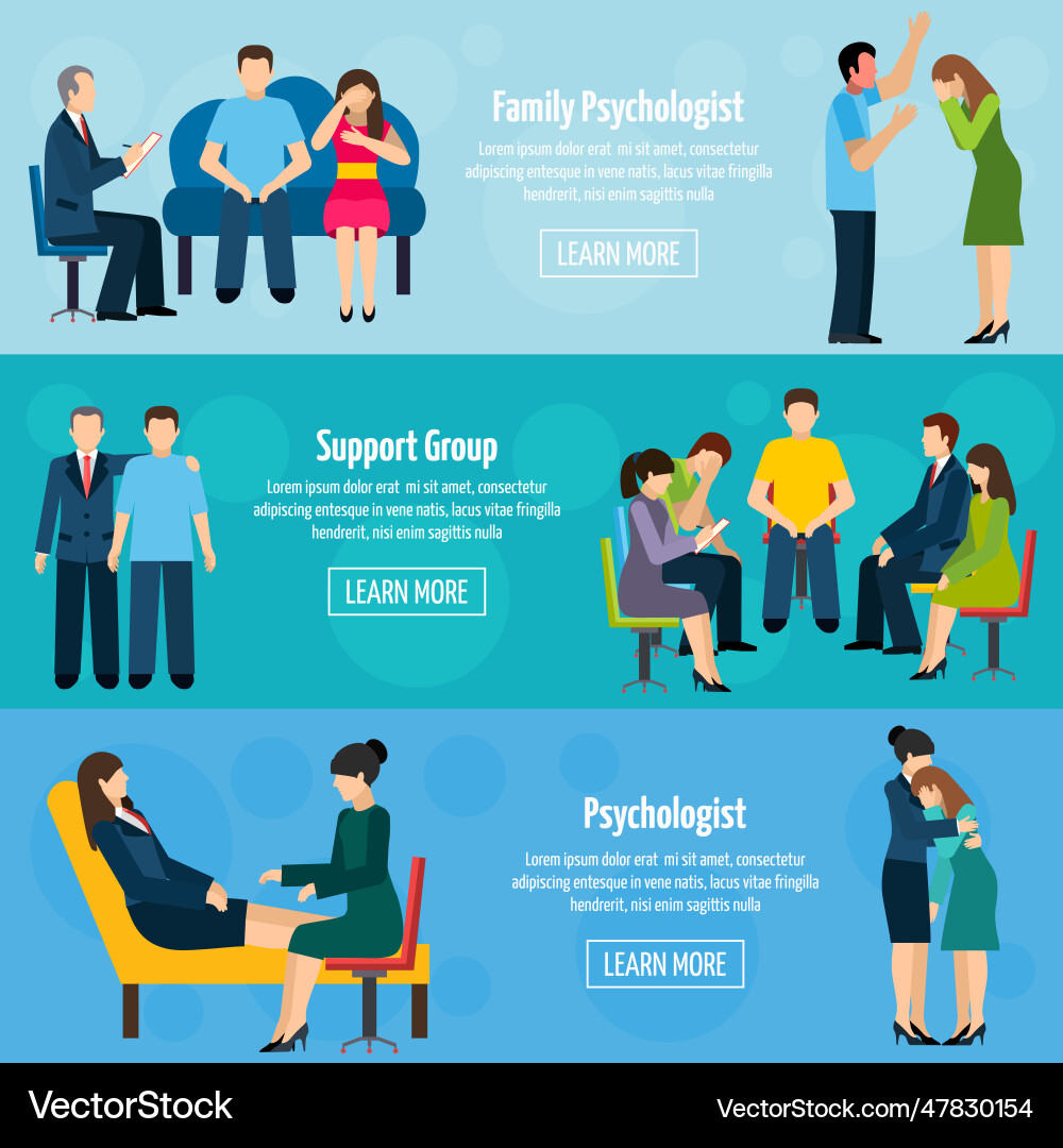 Counseling support 3 flat banners set Royalty Free Vector
