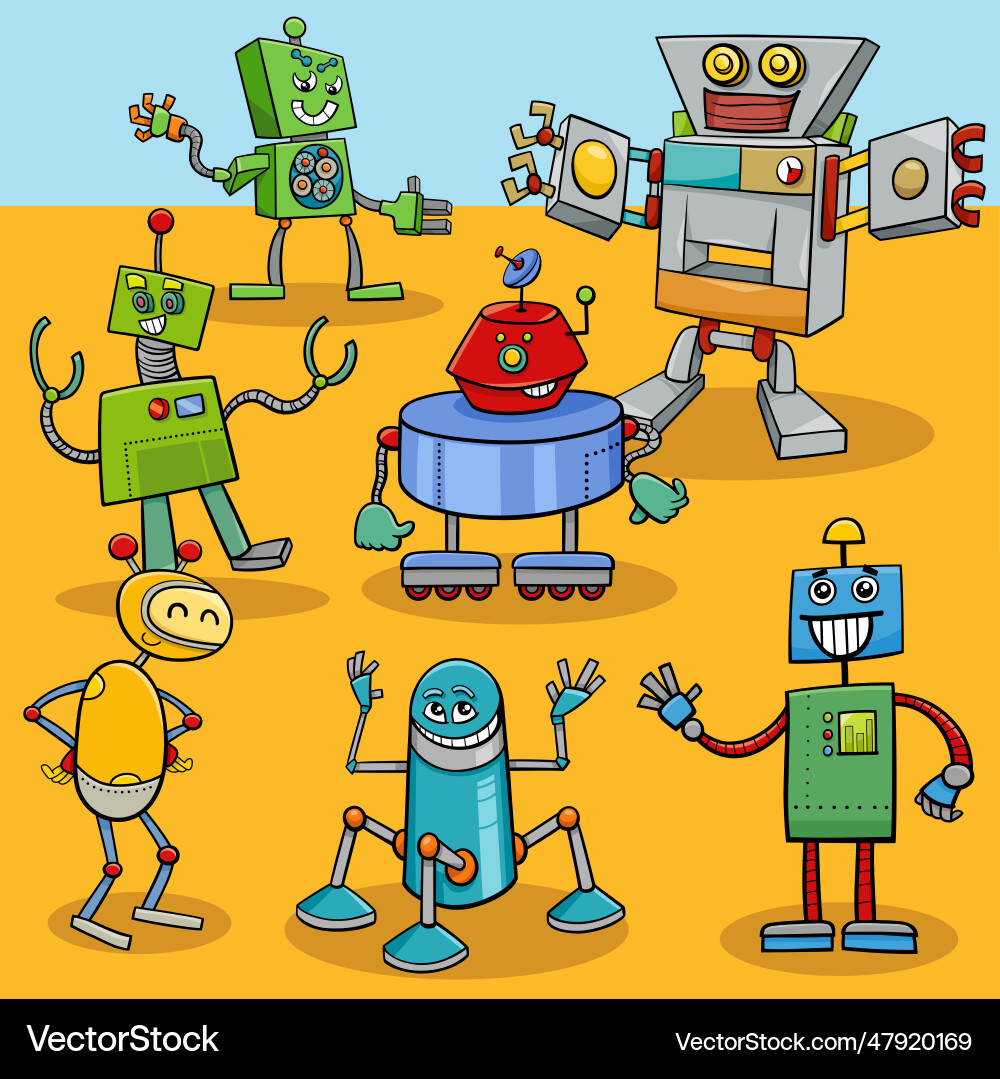 Cartoon funny robots and droids characters group Vector Image