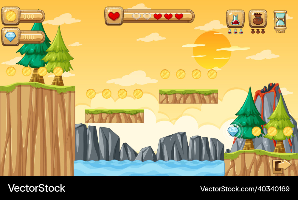 Game template nature forest scene Royalty Free Vector Image
