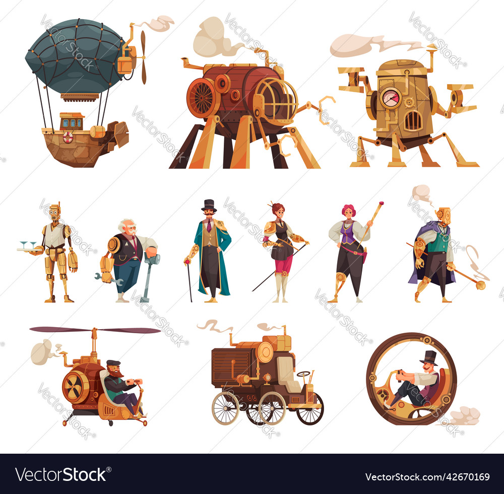Steampunk cartoon set Royalty Free Vector Image