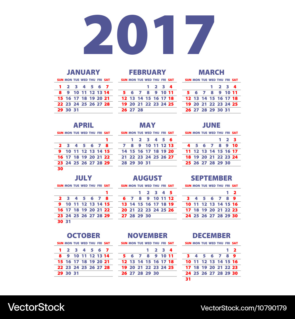 Calendar 2017 week starts from sunday flat design Vector Image