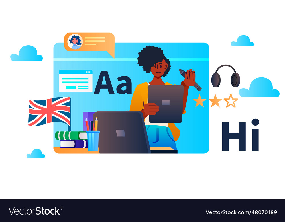 Girl learning language on laptop online education Vector Image