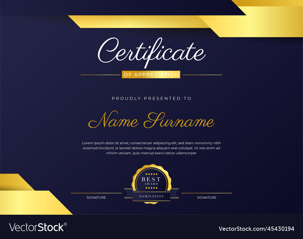 Blue And Gold Certificate Of Achievement Template Vector Image