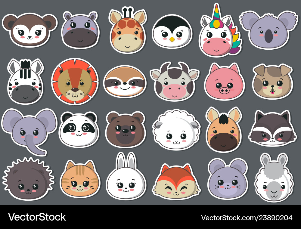 Collection cute animal faces big icon Royalty Free Vector