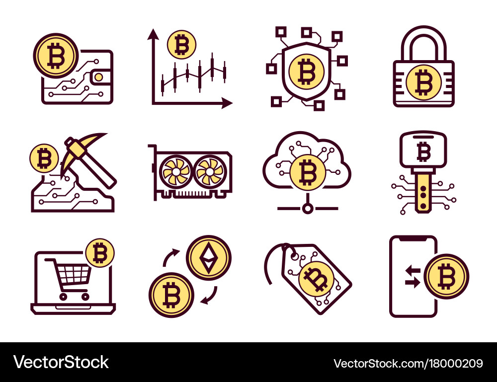Bitcoin mining icons set Royalty Free Vector Image