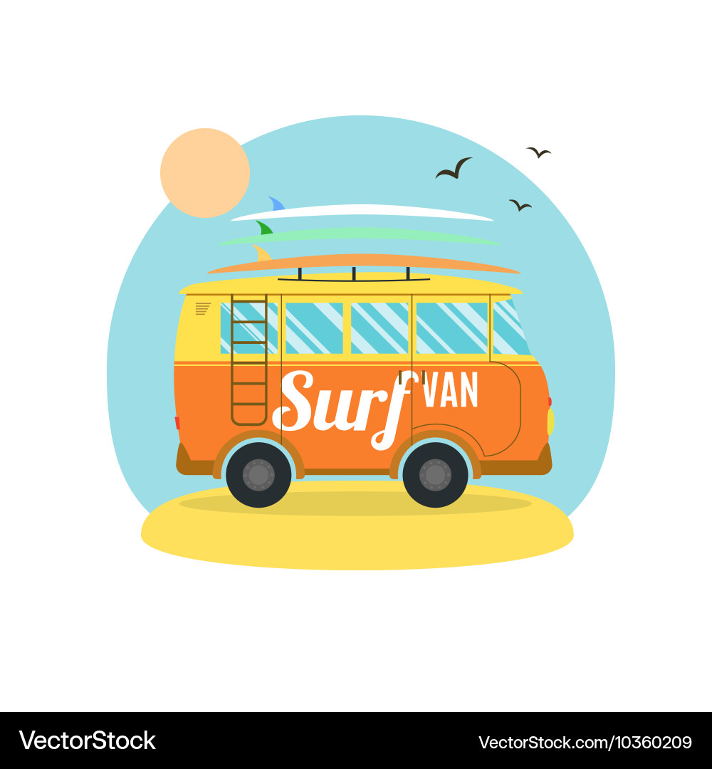 Surf Van on the Beach Flat Design Royalty Free Vector Image
