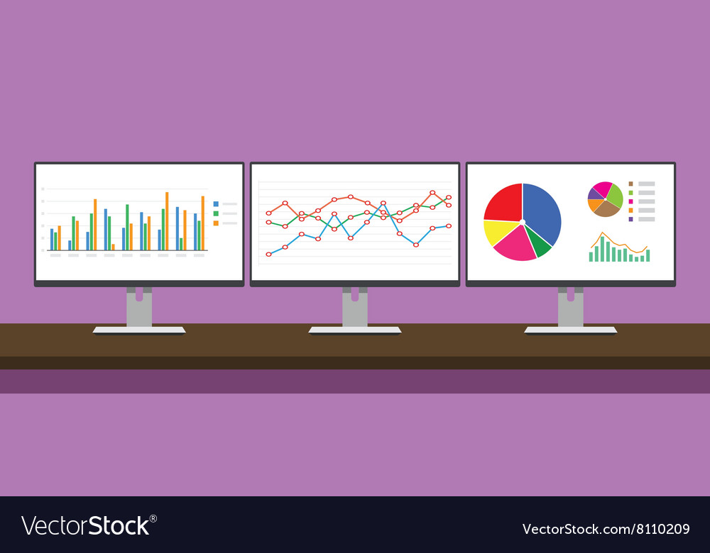 Workdesk Monitoring Graph Triple Monitor Vector Image