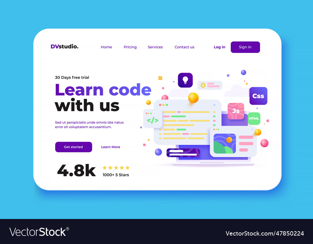 Modern 3d of light landing page learn code Vector Image