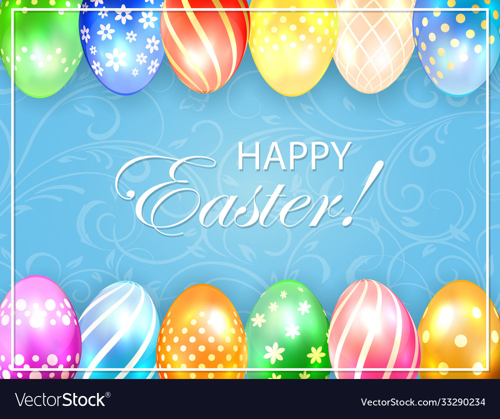 Blue easter background with colored eggs Vector Image