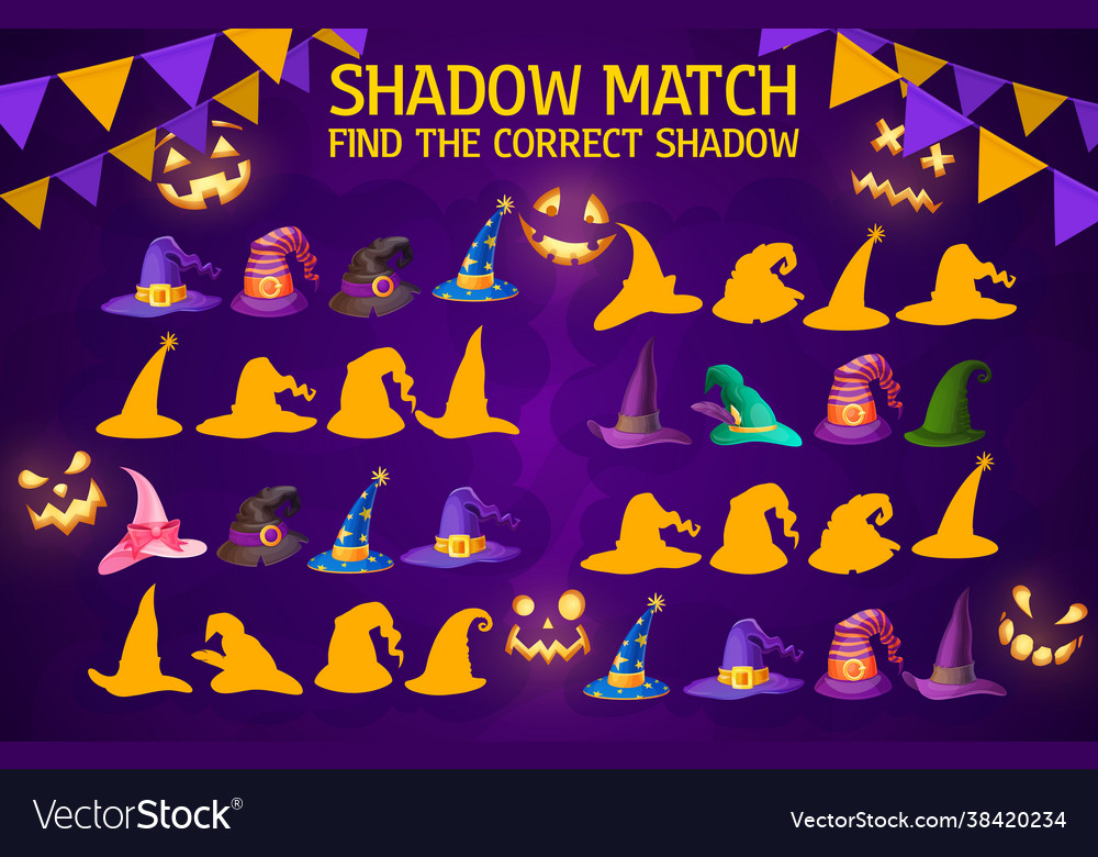 Shadow match game wizard and halloween witch hats Vector Image