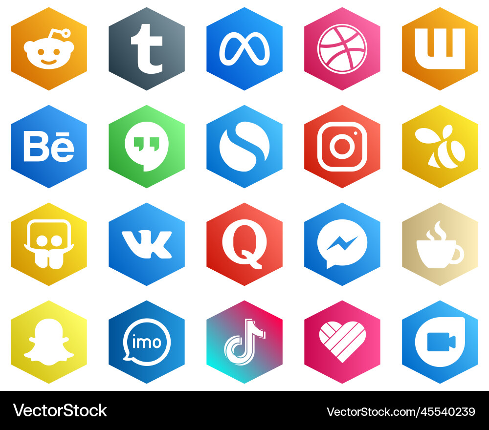 Hexagon flat color white icon set Royalty Free Vector Image