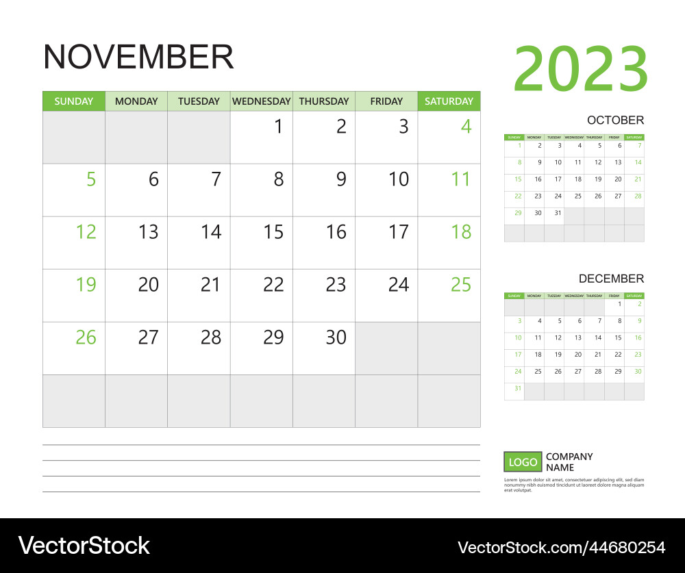 November 2023 year calendar planner 2023 Vector Image