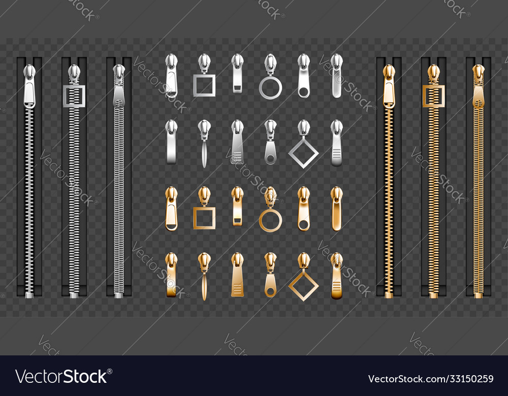Metal zip fasteners silver zippers puller set Vector Image
