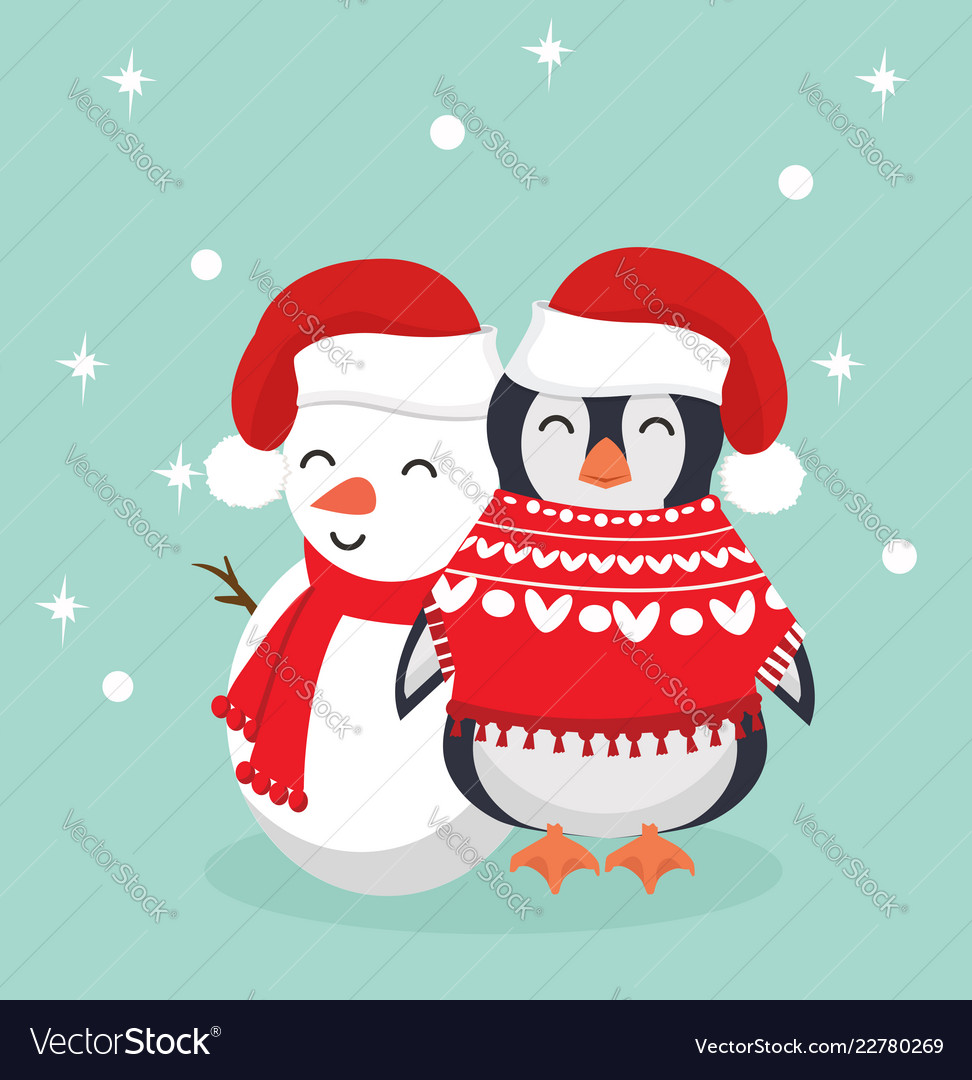 Penguin in winter clothes with snowman Royalty Free Vector