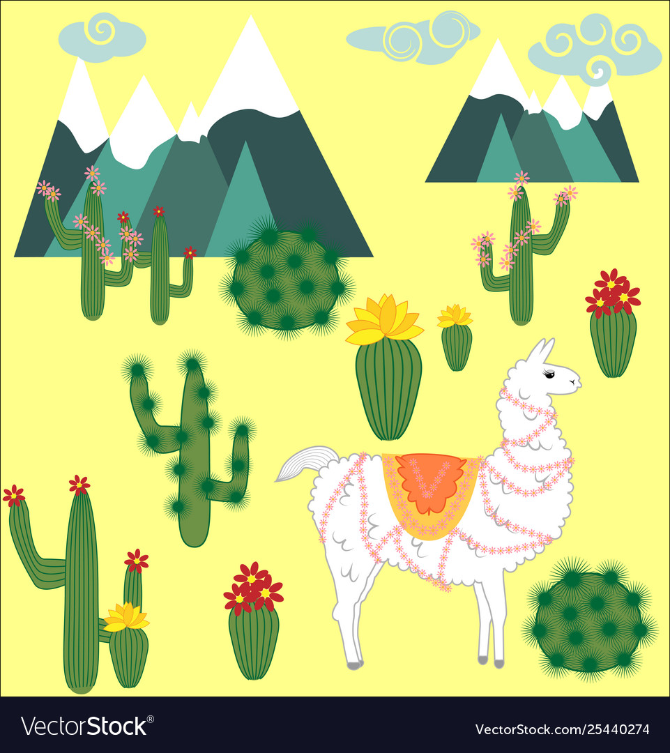 Cute alpaca llama animals and cactus Royalty Free Vector