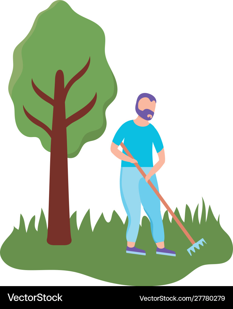 Scene man with rake tool garden Royalty Free Vector Image
