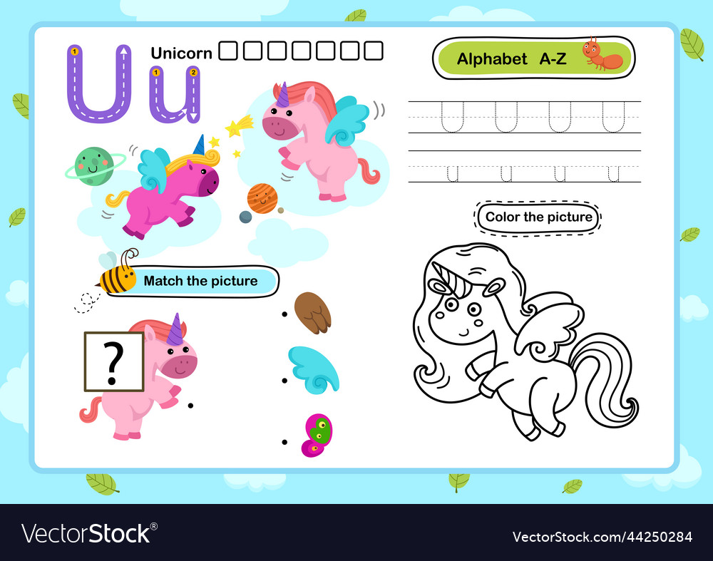 Alphabet letter u-unicorn exercise with cartoon Vector Image