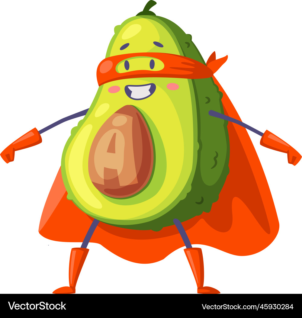 Green avocado superhero character standing wearing