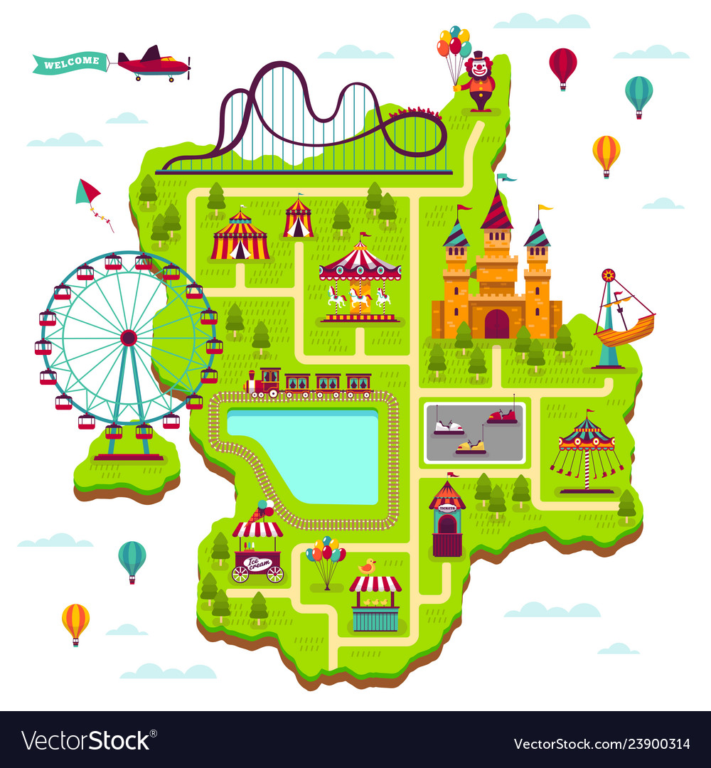 Amusement Park Map Scheme Elements Attractions Vector Image