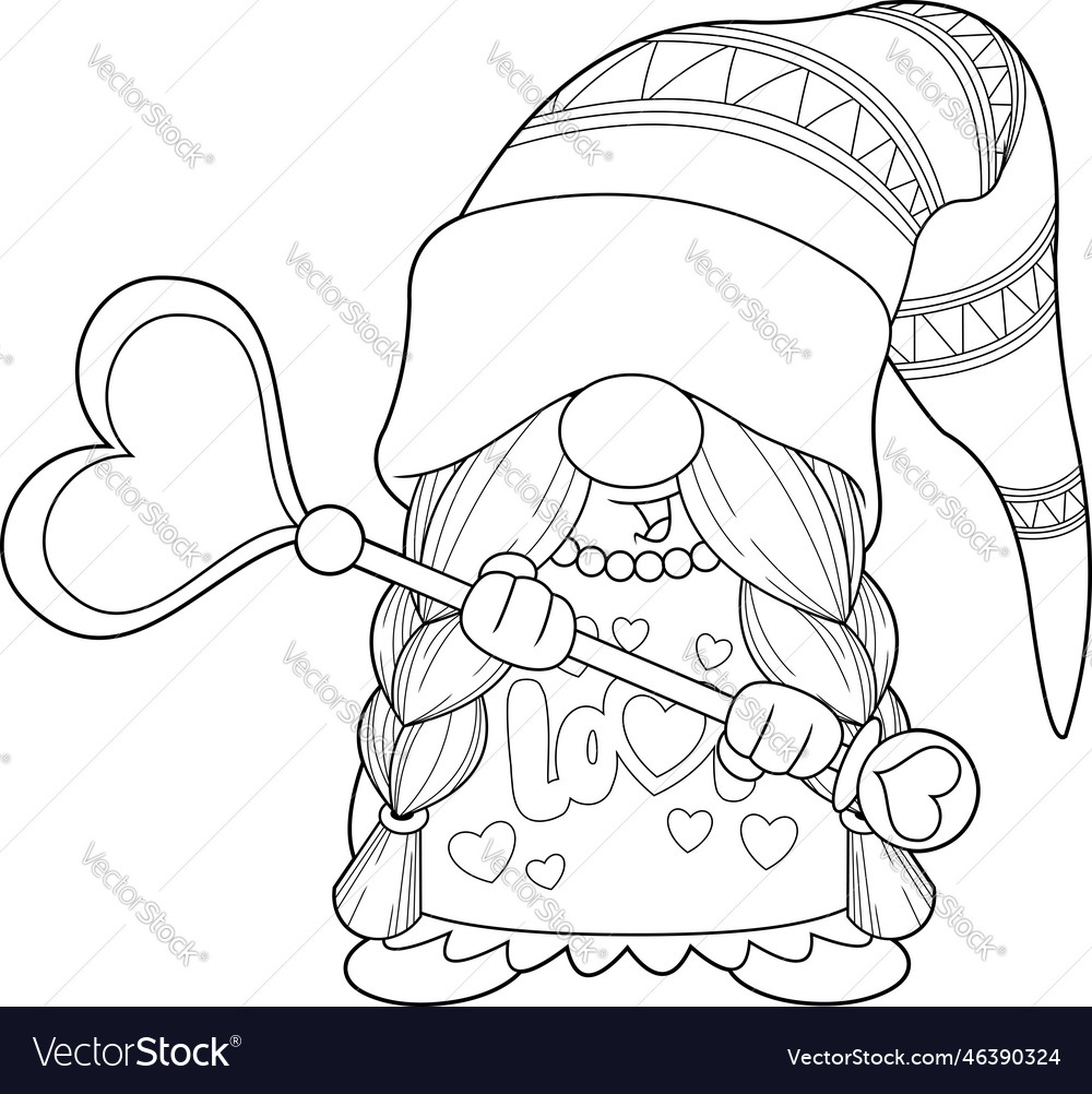 Outlined Cute Female Gnome Cartoon Character Vector Image