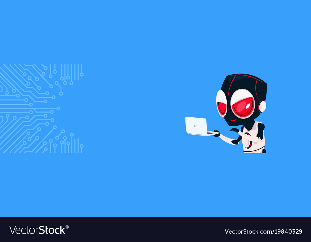 Robot hacker with laptop computer over circuit Vector Image