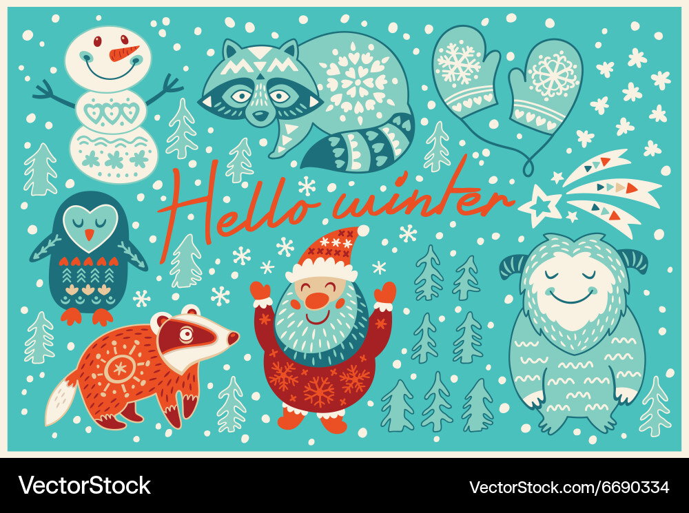Hello winter card in cartoon style Royalty Free Vector Image