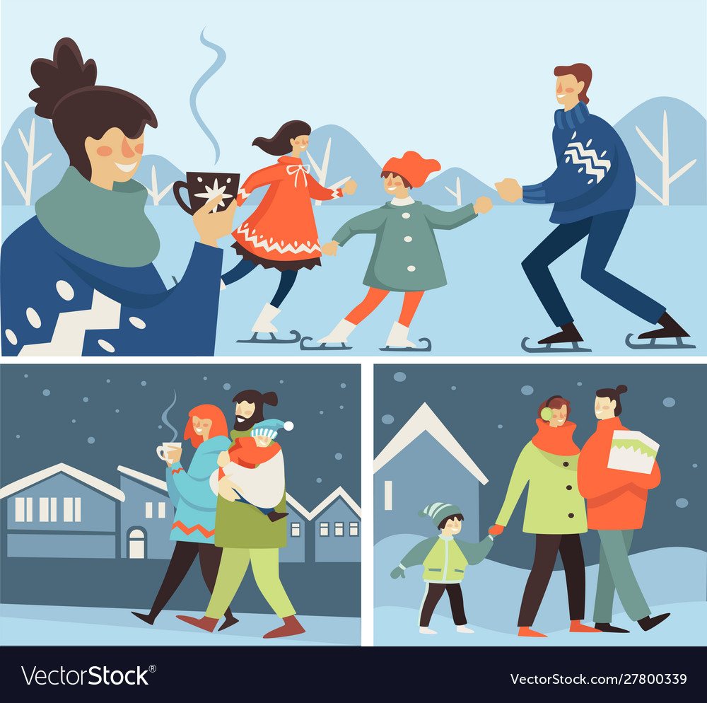 Parents with kids during family winter activities Vector Image