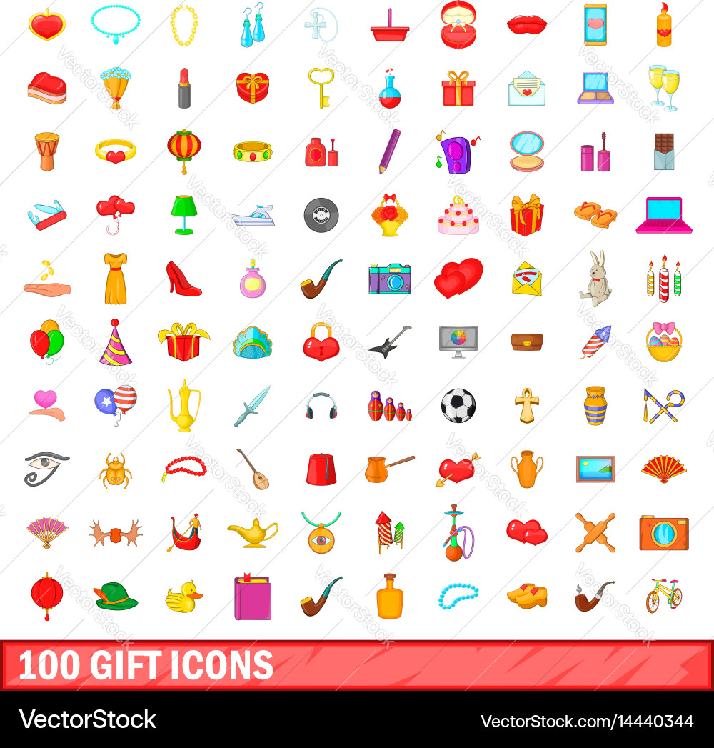 100 gift icons set cartoon style Royalty Free Vector Image