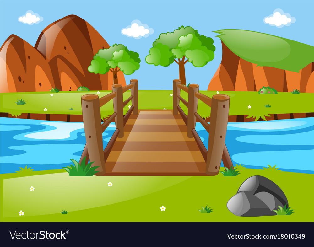 Scene With Wooden Bridge In Park Royalty Free Vector Image