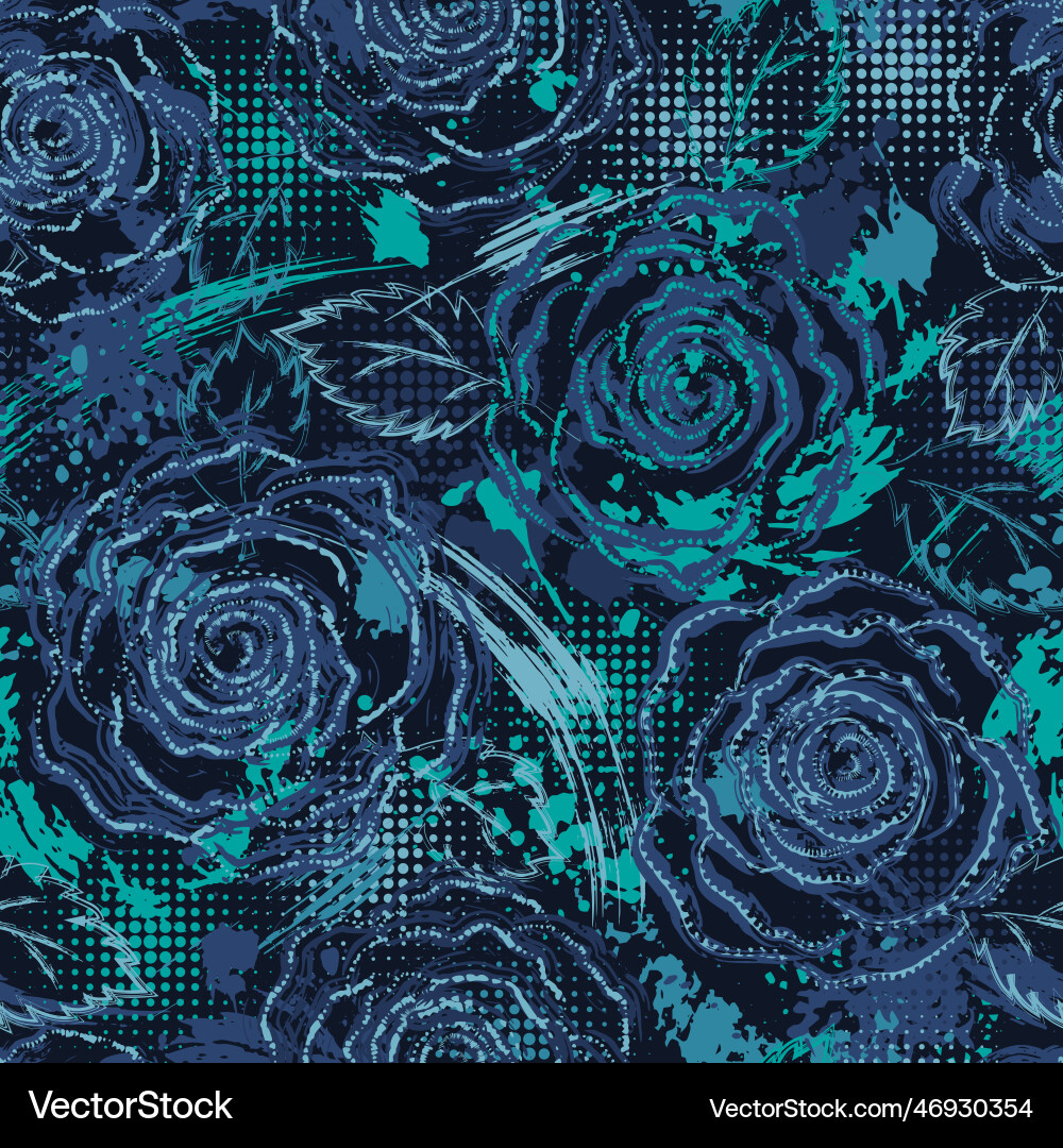 Blue camo pattern with roses splattered paint Vector Image