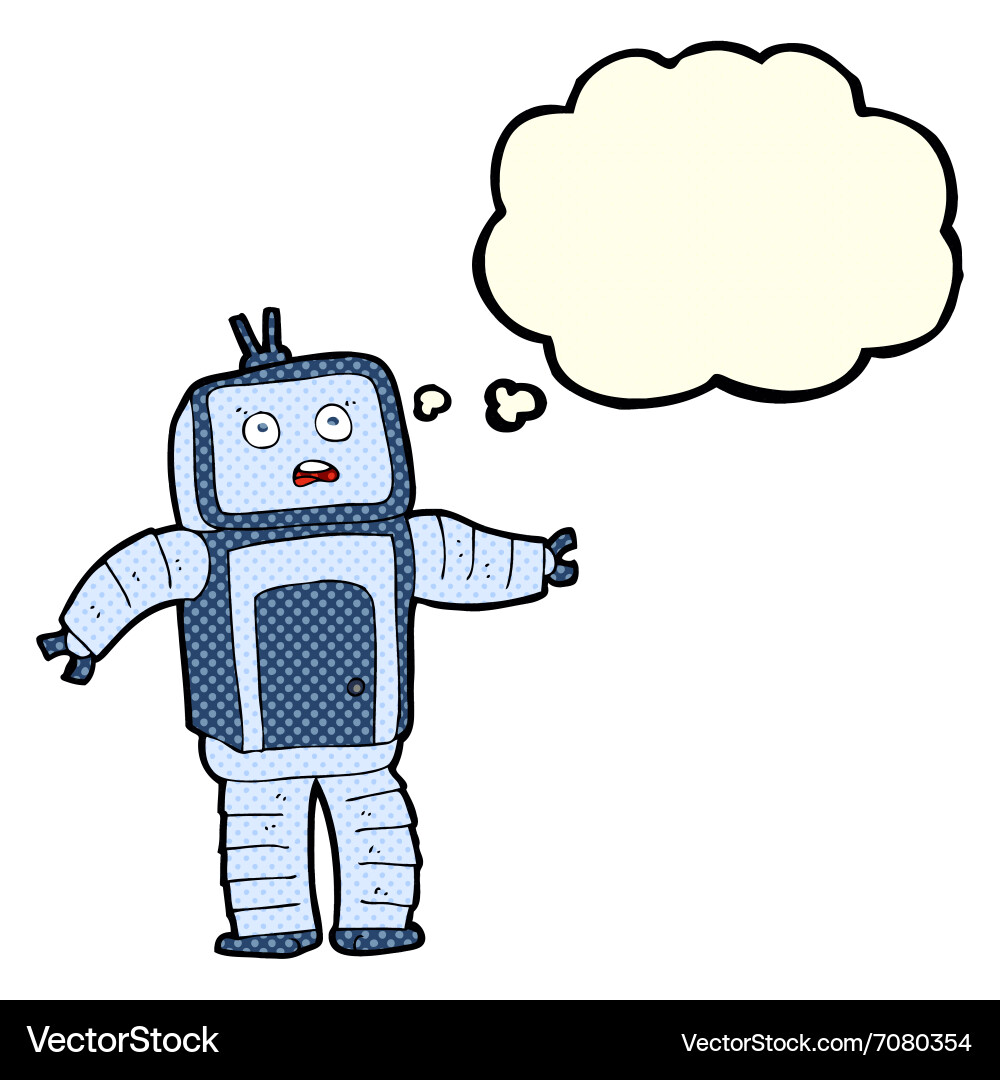 Cartoon funny robot with thought bubble Royalty Free Vector