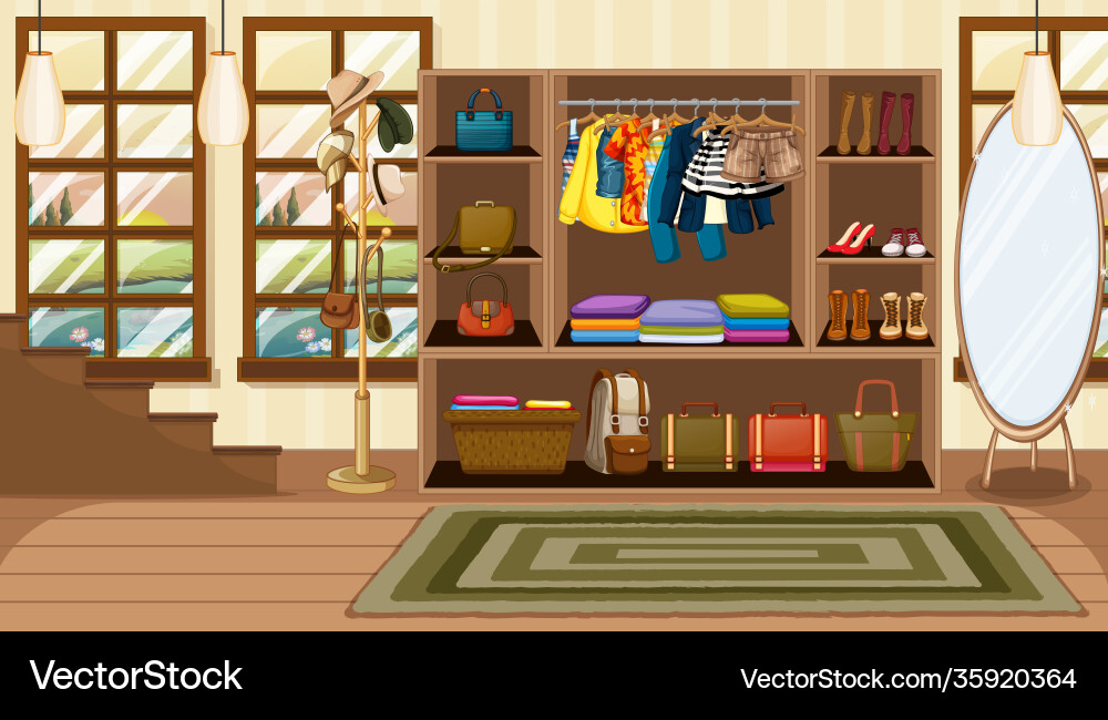 Clothes and accessories in opened wardrobe Vector Image